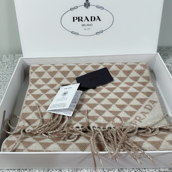 Prada | Accessories | Prada Beige And Cream Geometric Scarf | Poshmark